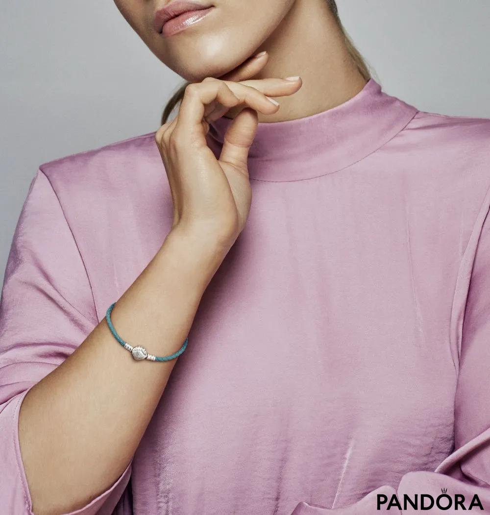 Brățară din piele împletită turcoaz cu sistem de închidere tip cochilie ...